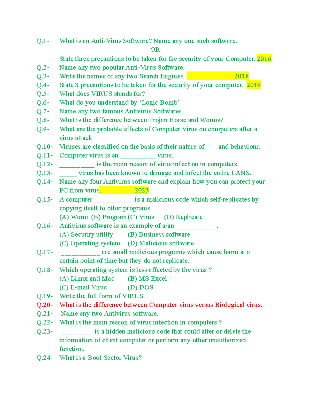 Ch 7 Computer Virus PYQ 2016-2025: Key Concepts & Precautions - Studocu