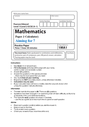 Aiming For 7 (Set 1) Practice Paper 1 Non Calc - Instructions Use black ...