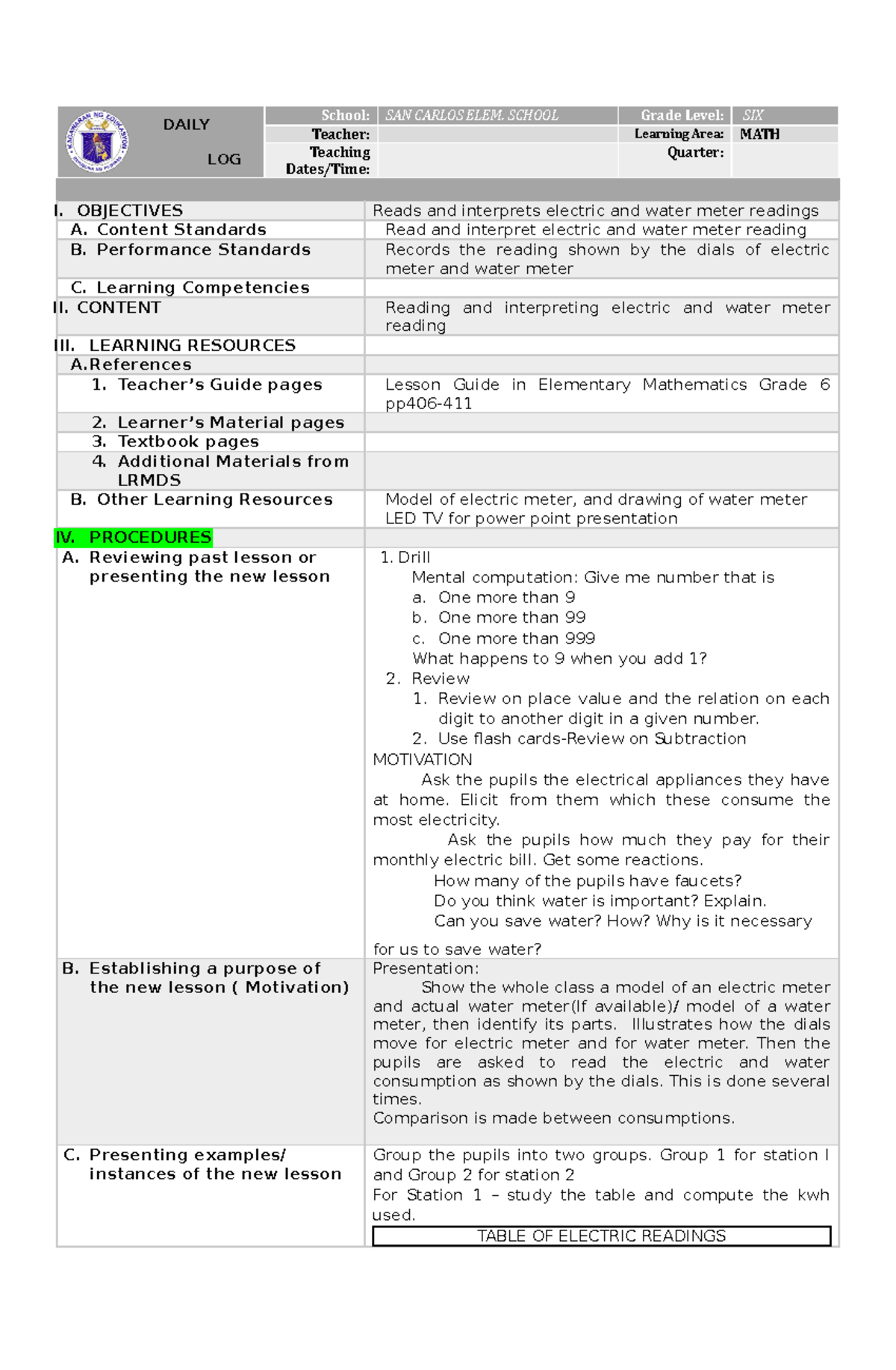 MATH-6-COT - Semi-Detailed Lesson Plan: Reading Electric & Water Meters ...