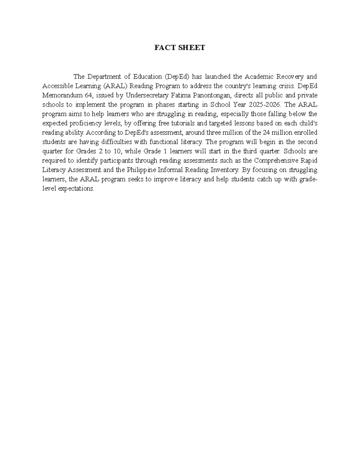 ARAL Reading Program Fact Sheet: Addressing Literacy Challenges - Studocu