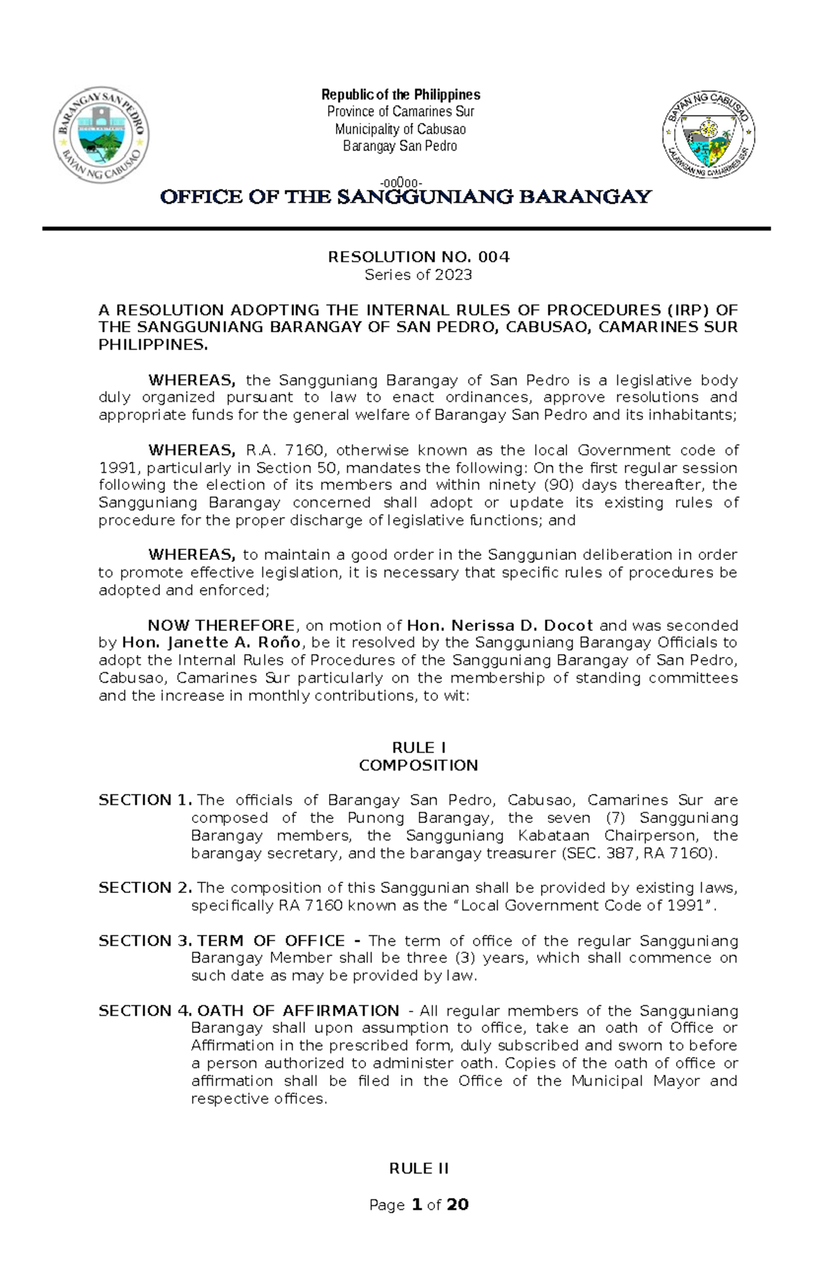 Resolution No. 004: Adopting Internal Rules of Procedures for SB San ...