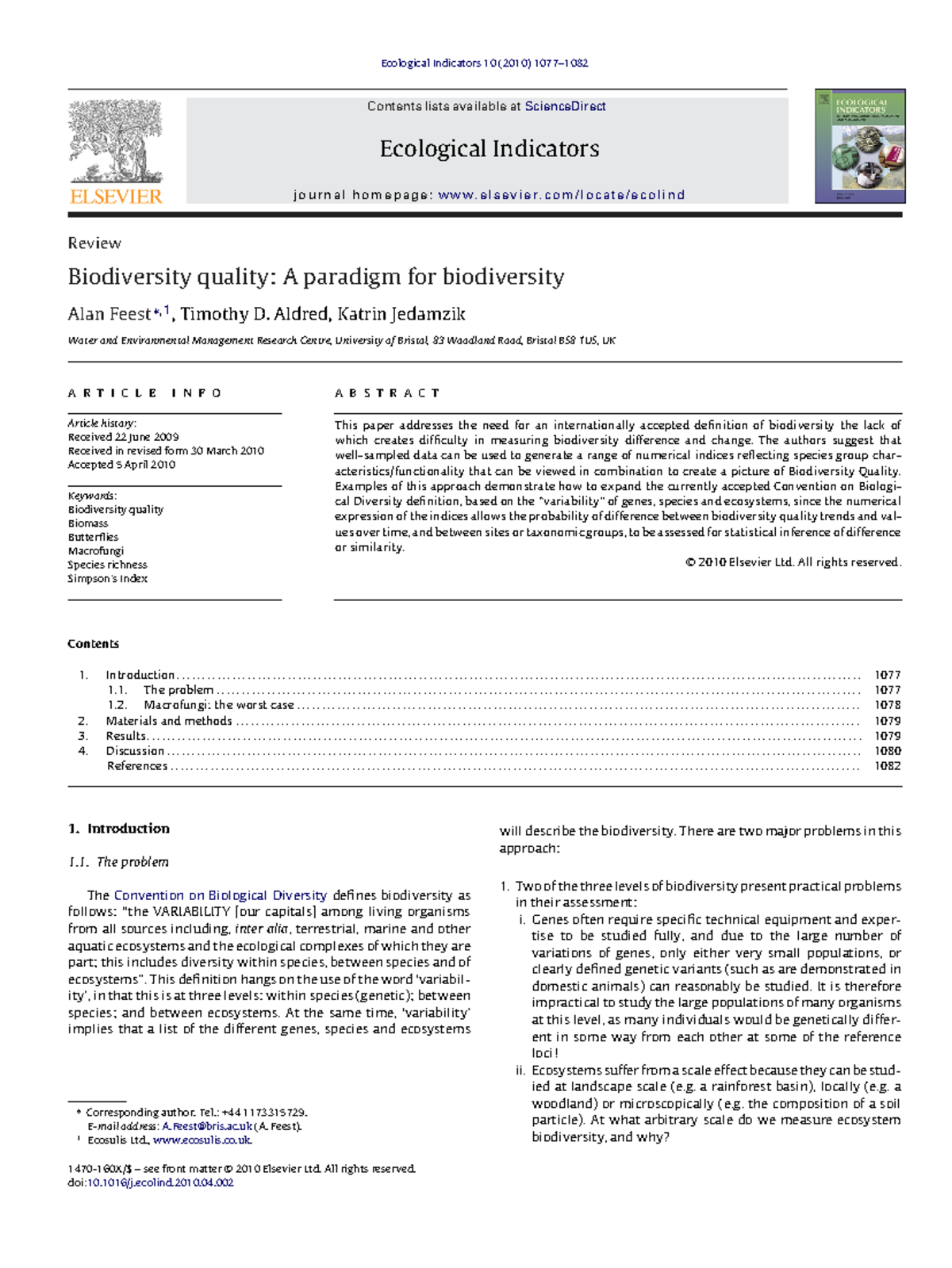 Biodiversity Quality Assessment: A Review of Indicators and Methods ...