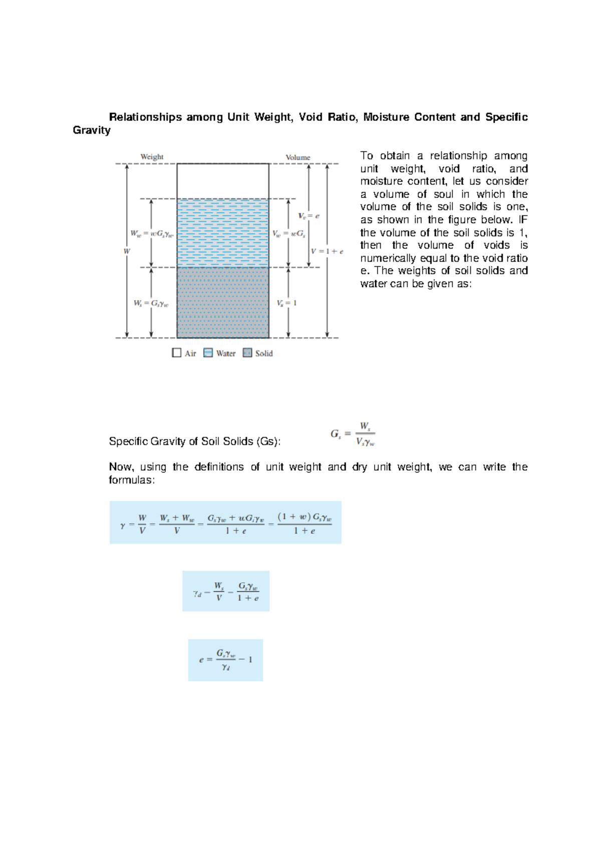Relationships among Unit Weight, Void Ratio, Moisture Content and ...