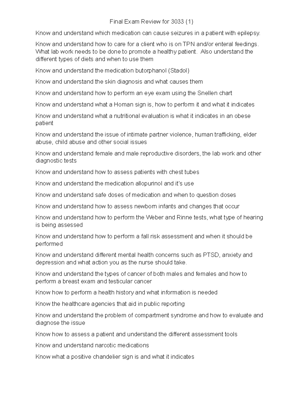 Final Exam Study Guide for Nursing 3033: Key Concepts & Assessments ...