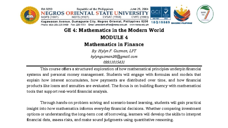 GE 4: Module 4 - Mathematics in Finance Lecture Notes - Studocu