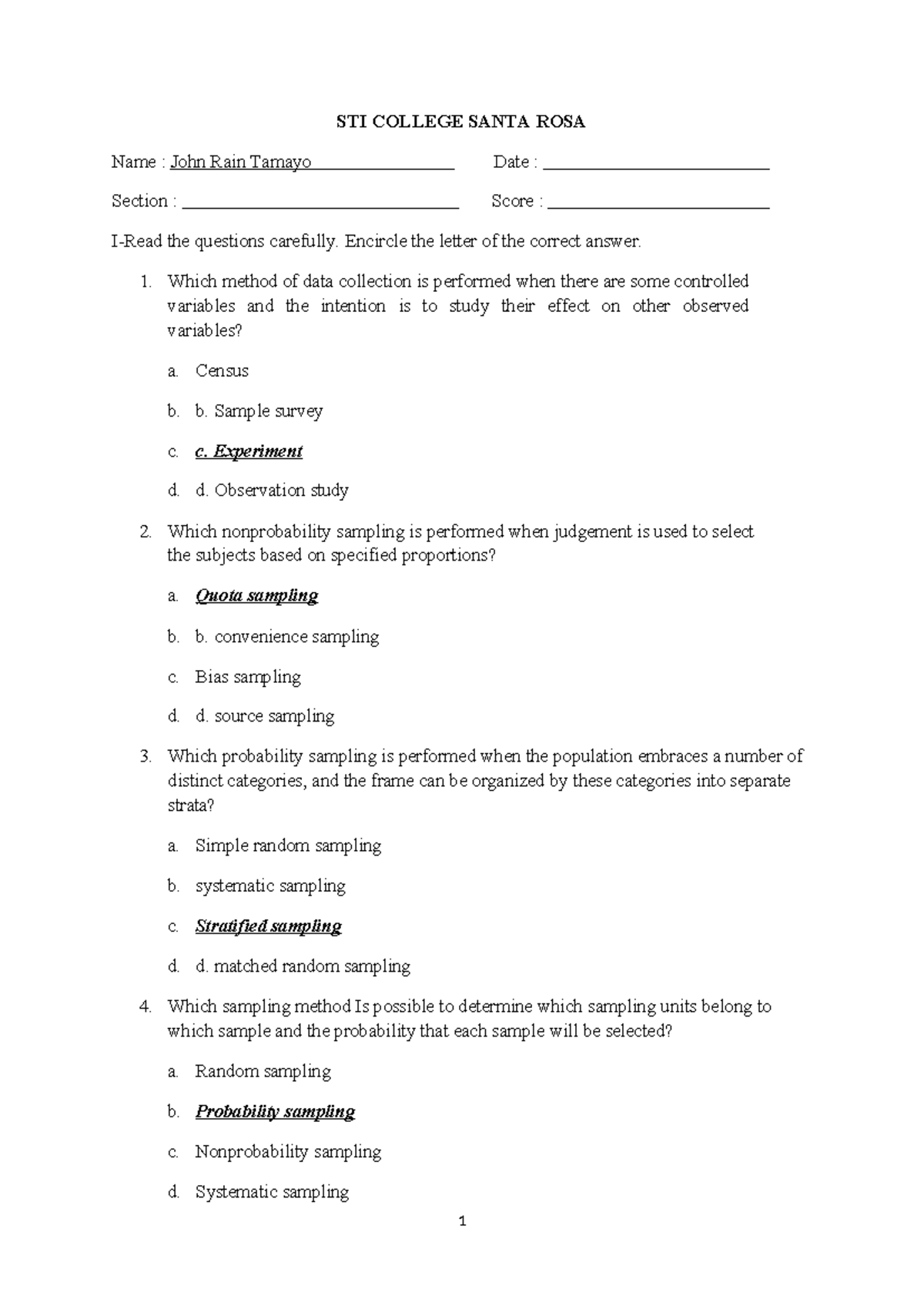 Pre-Final Quiz 1: Data Collection & Sampling Methods - Studocu