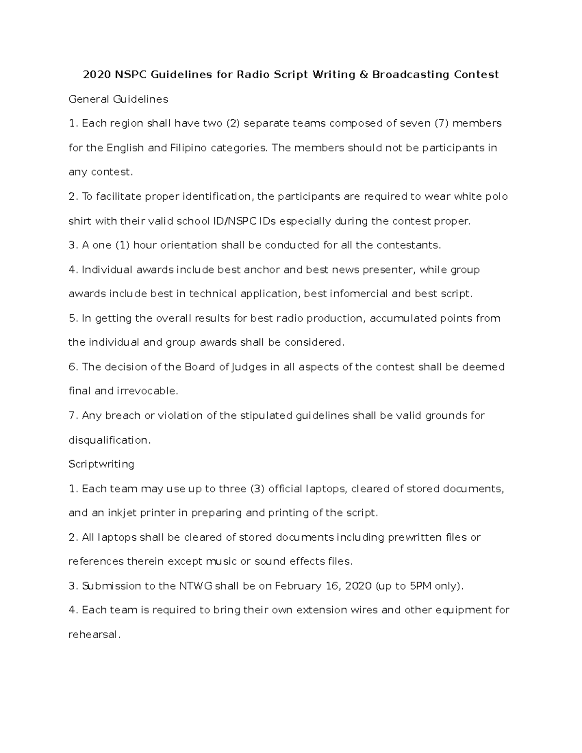 2020 NSPC Radio Script Writing Guidelines & Contest Details - Studocu
