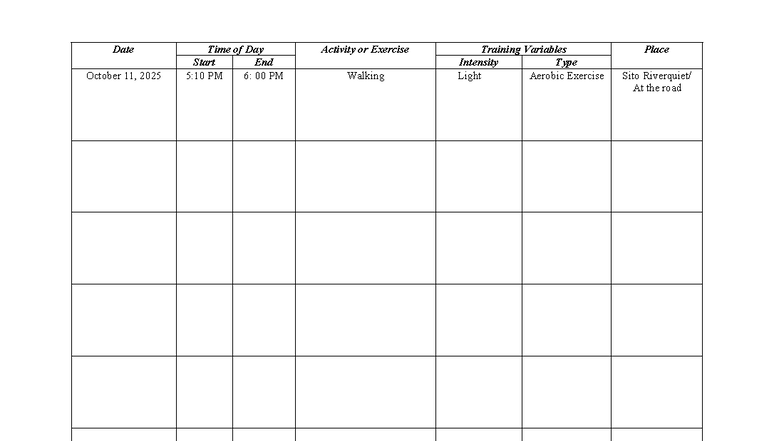 PEH 12 - Fitness Log Template for Physical Activity Tracking - Studocu