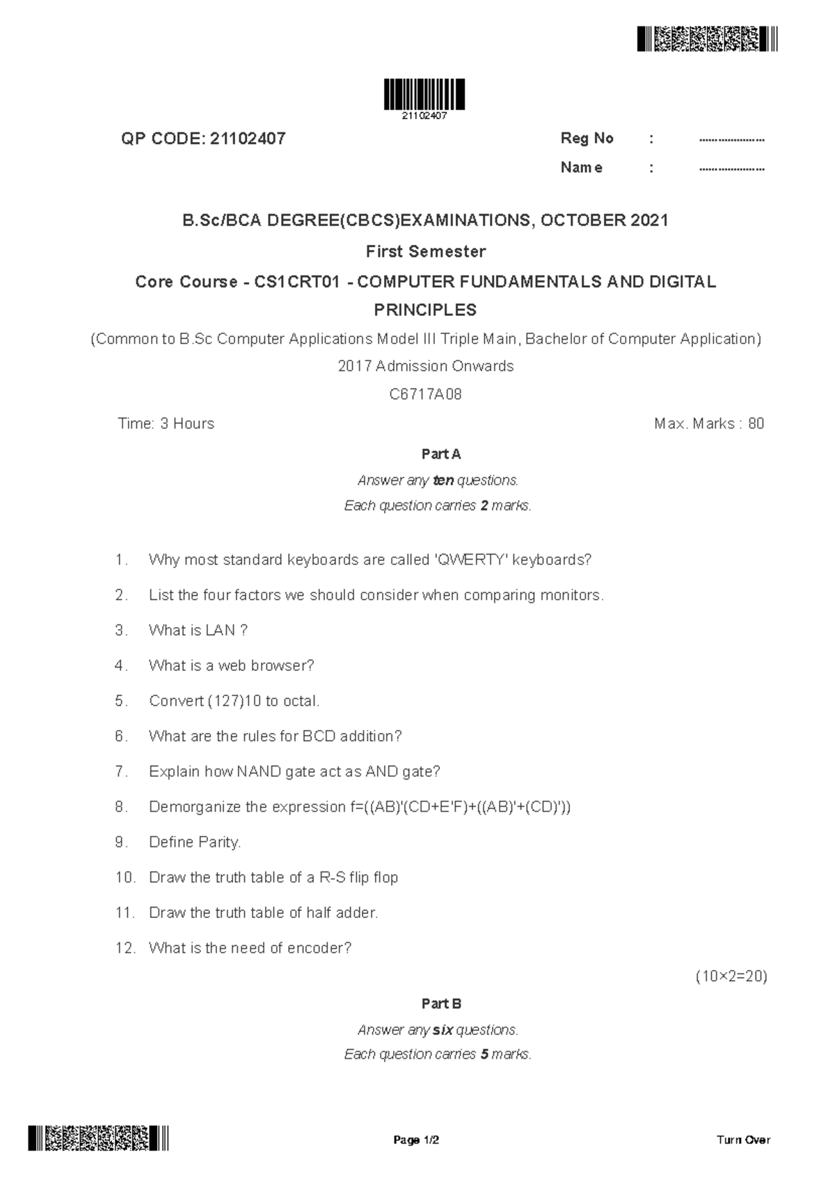 2020-cf - previous year question paper BCA programe, Computer and ...