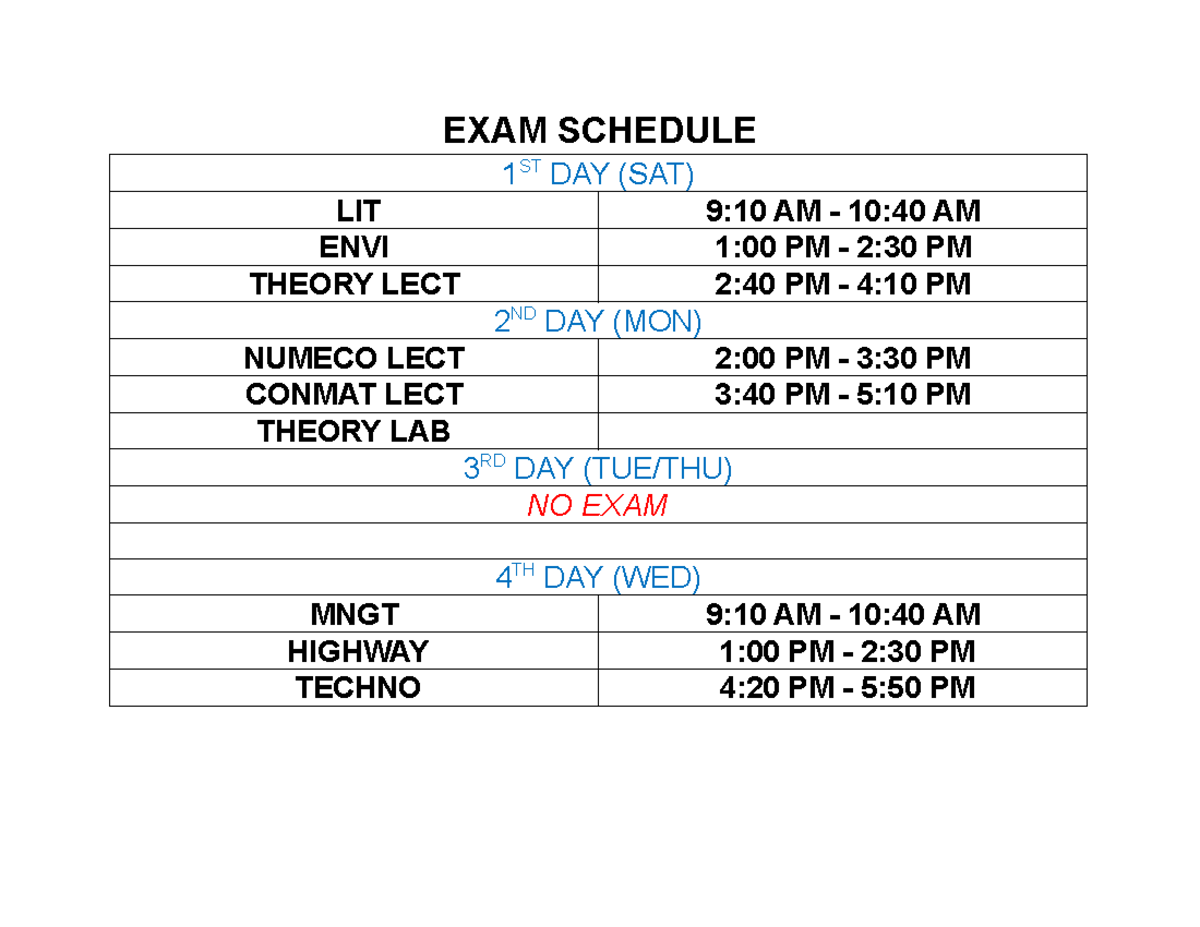 EXAM Schedule - r+ - Civil Engineering - EXAM SCHEDULE 1 ST DAY (SAT ...
