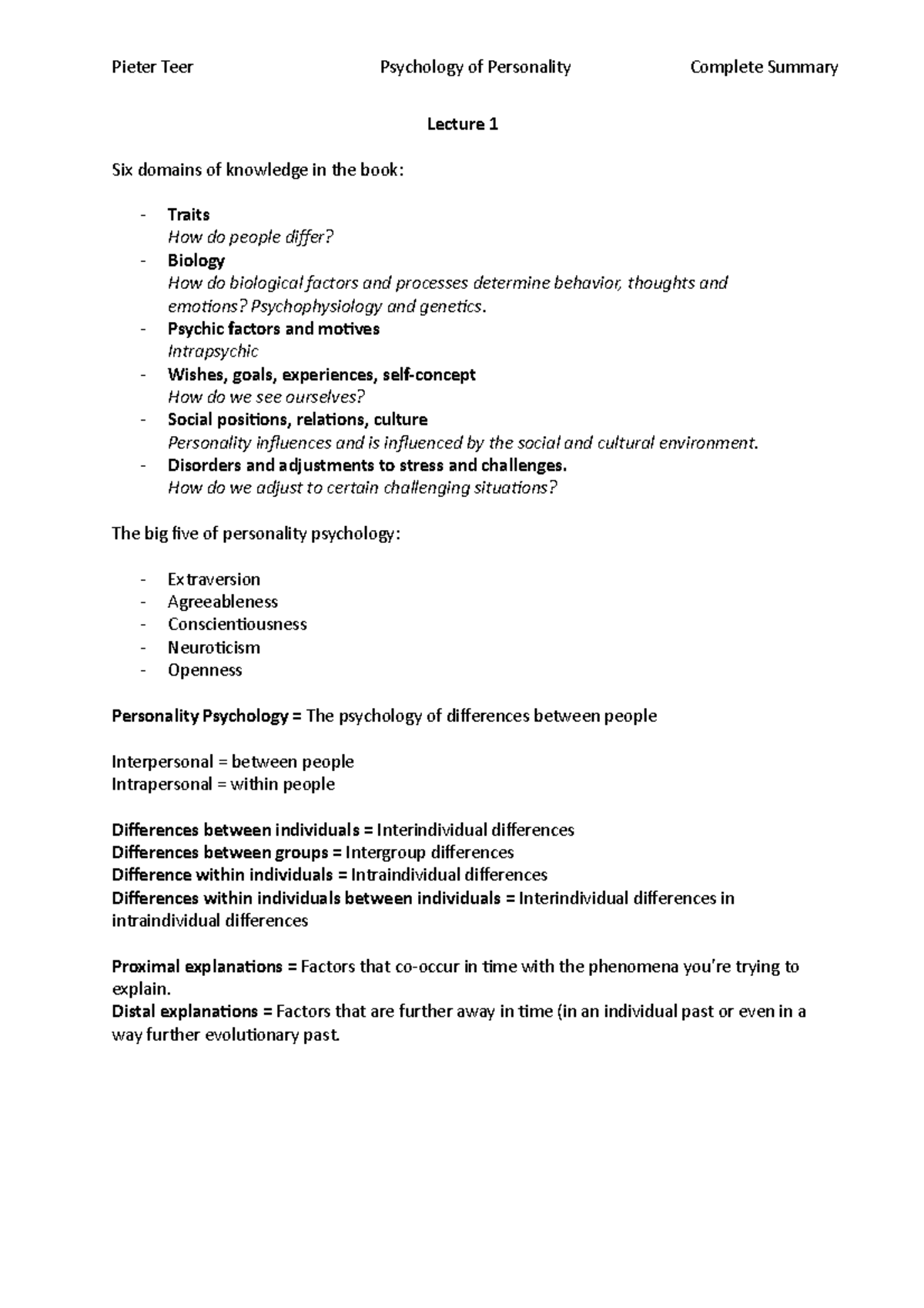 Personality Psychology (PSY101) Lecture Summary: Key Concepts ...
