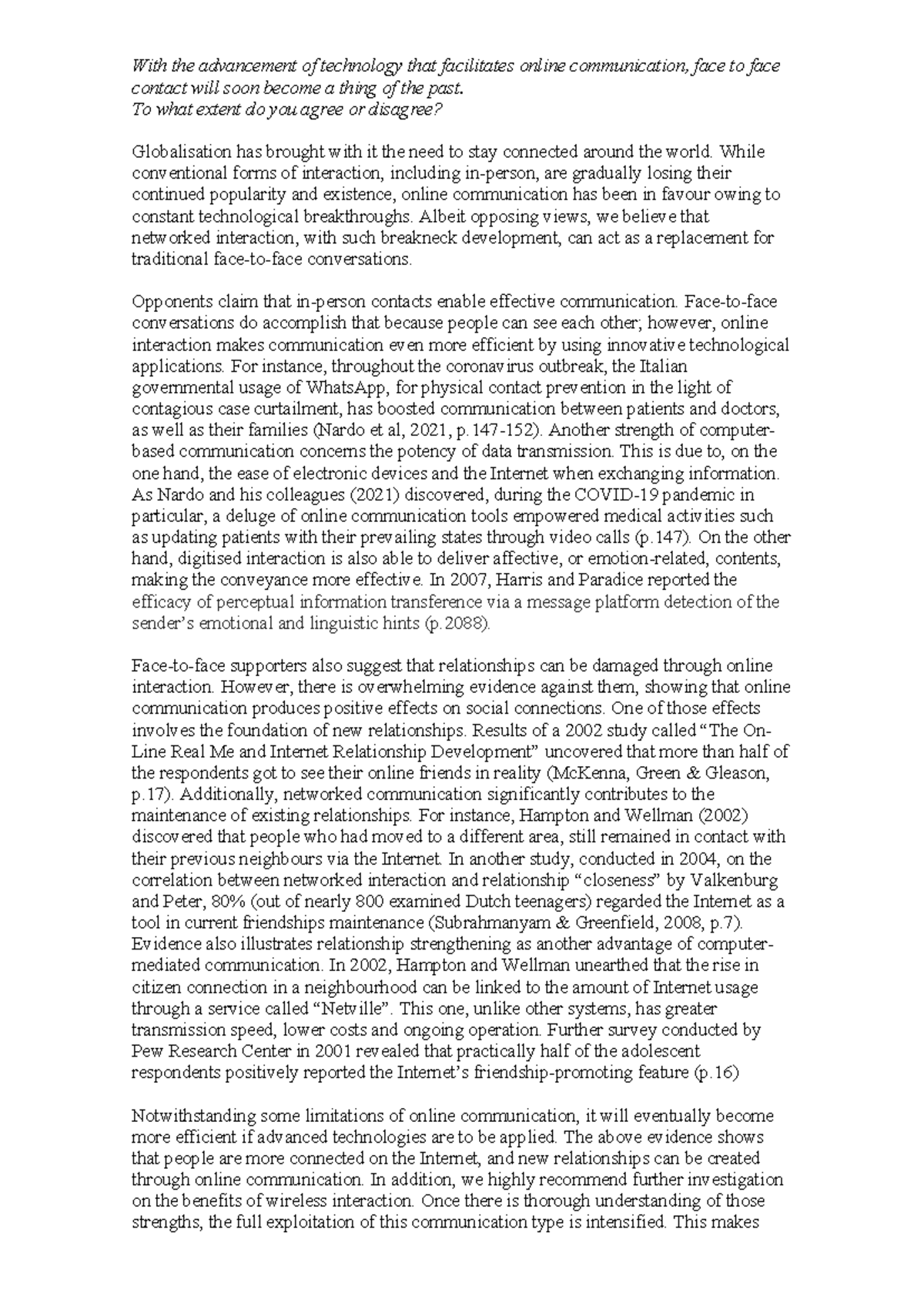 Final Essay on Online vs Face-to-Face Communication: Peer Review - Studocu