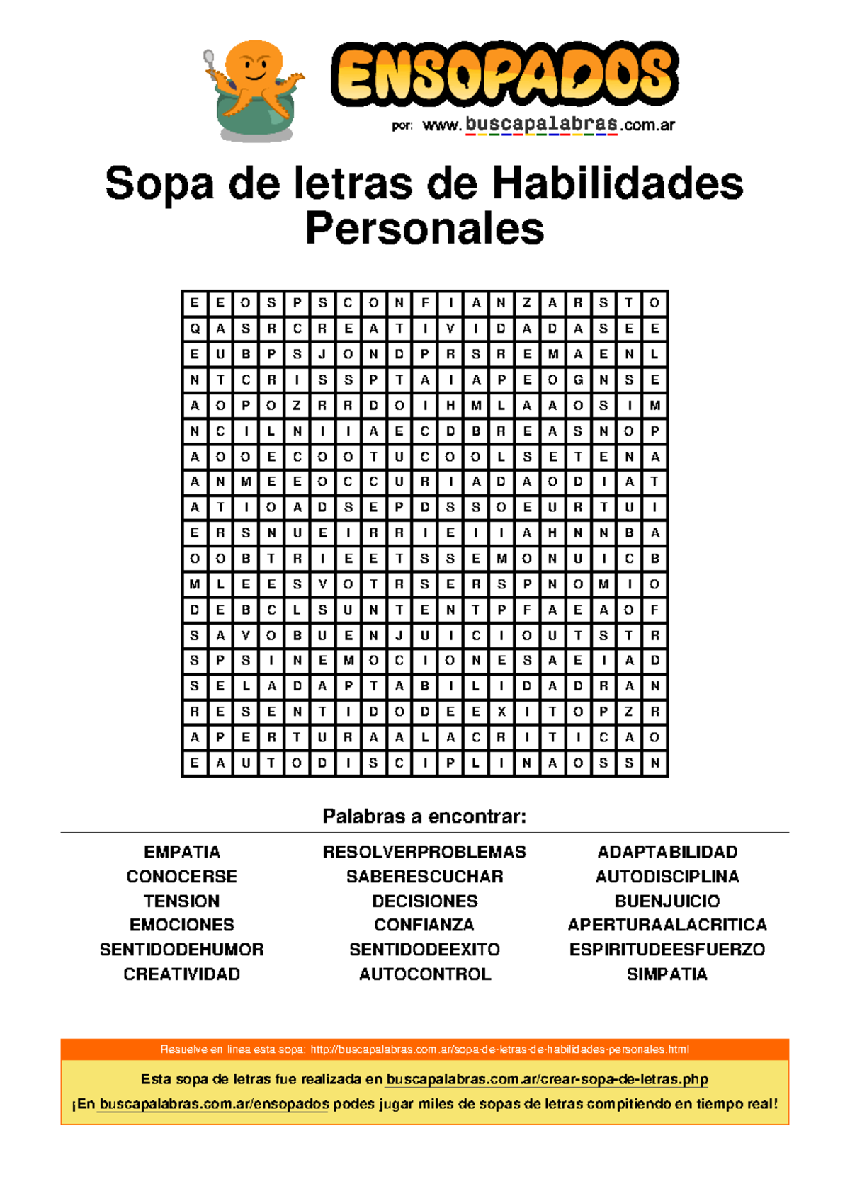 Sopa de letras de habilidades personales - Sopa de letras de ...