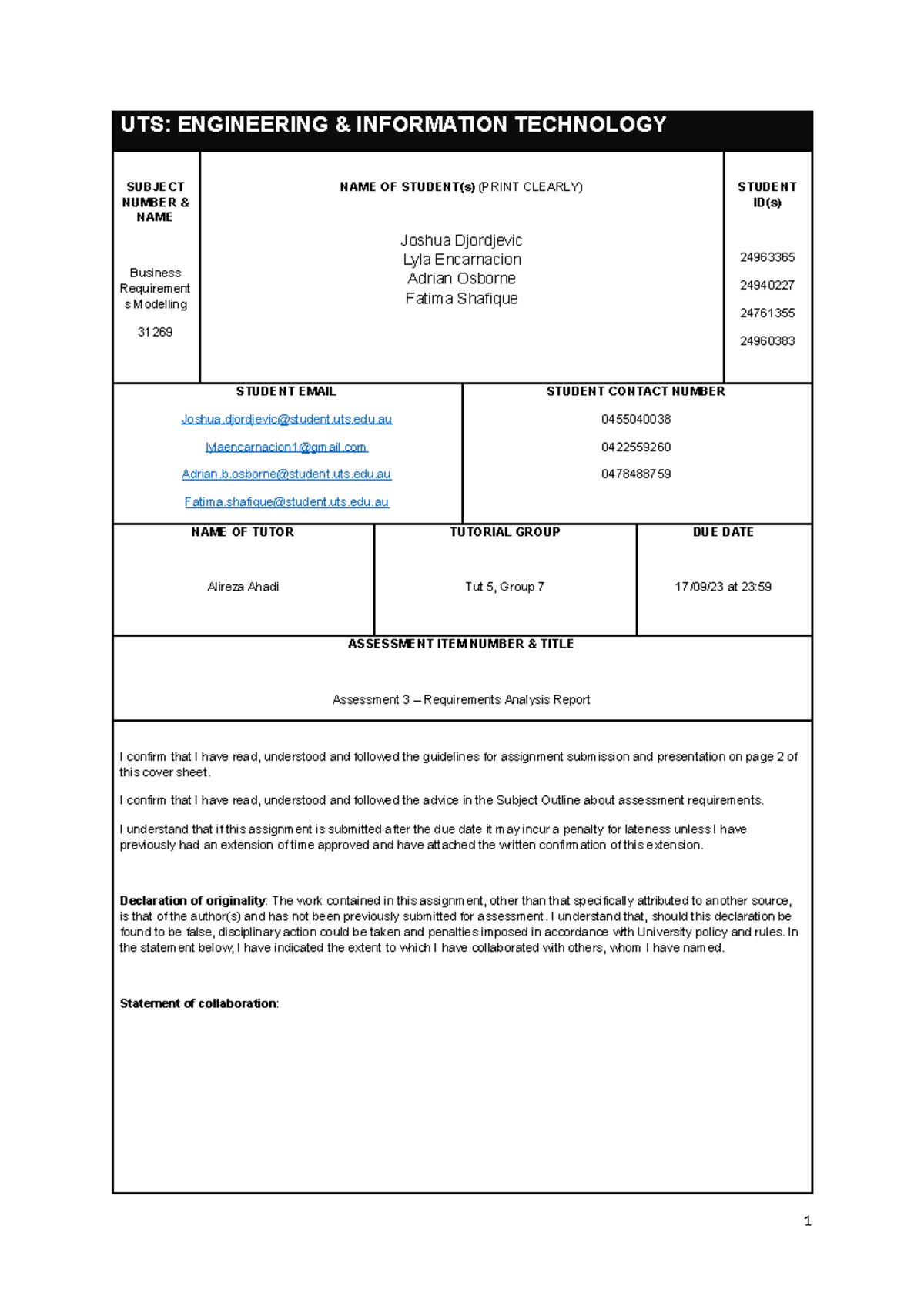 Business Requirements Modelling 31269 Assessment 3 Report - Tut 5 Group 7 - Studocu