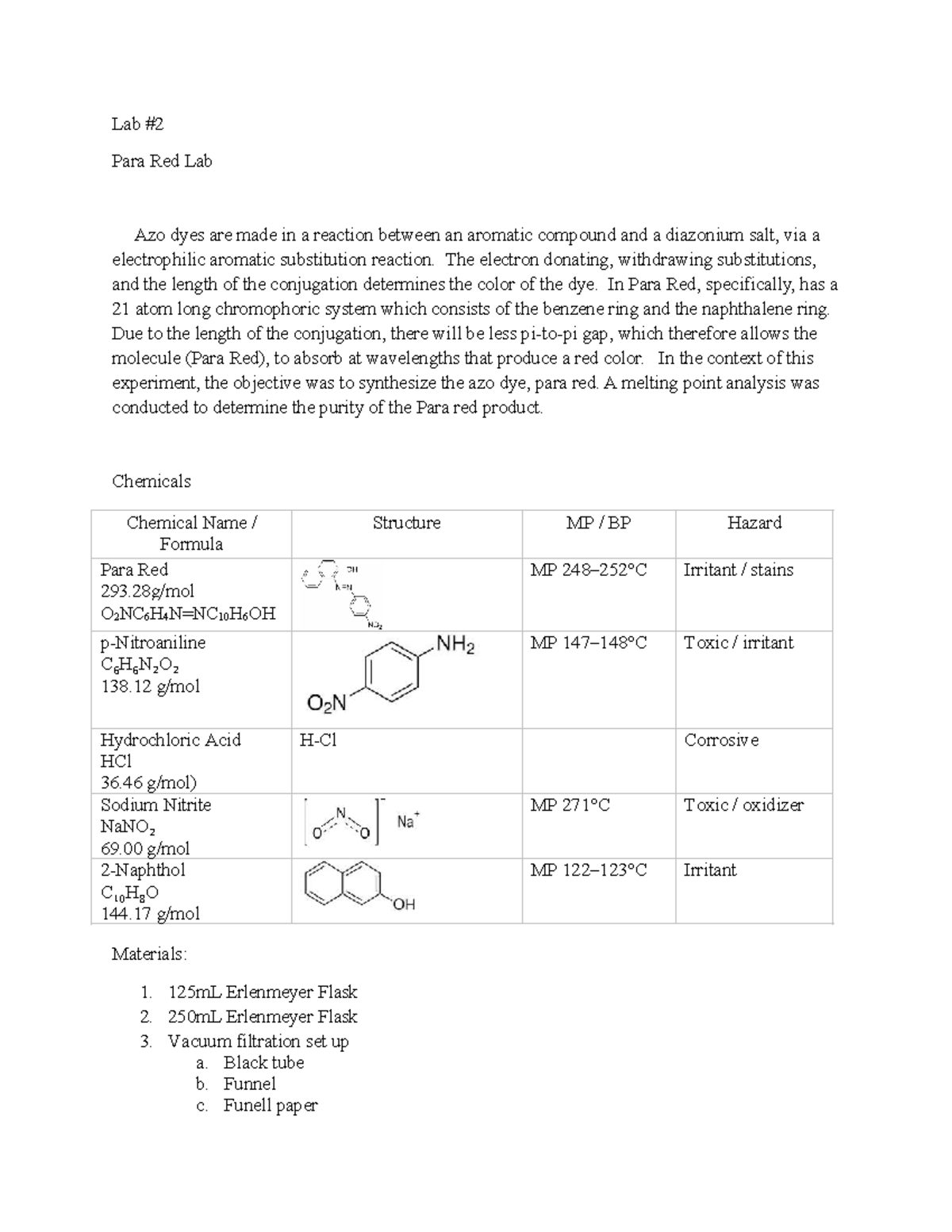 Lab #2 - Synthesis and Analysis of Para Red Azo Dye - Studocu