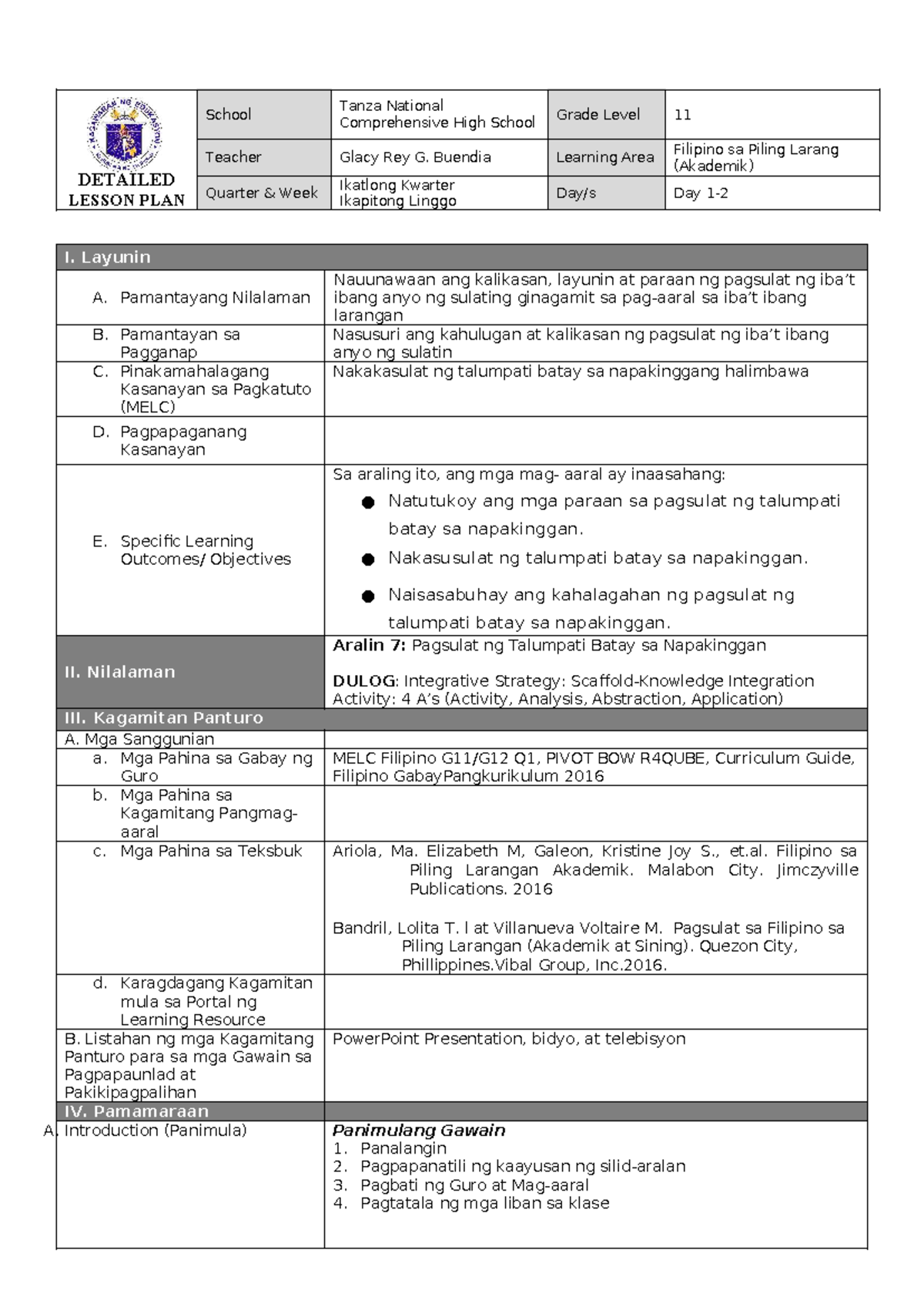 DETAILED LESSON PLAN: Pagsulat ng Talumpati sa Filipino (Grade 11 ...