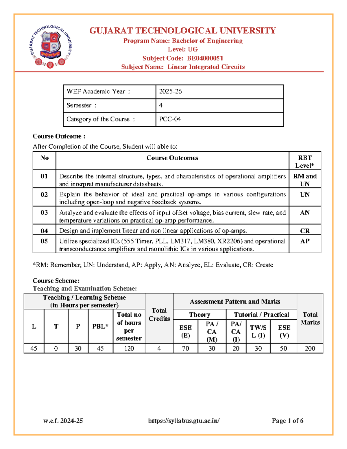 BE 04000051: Linear Integrated Circuits Syllabus for Semester 4 - Studocu