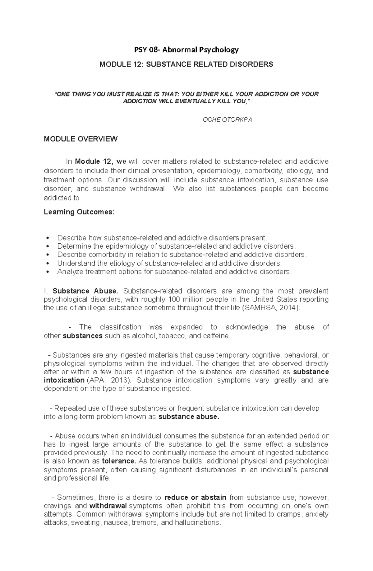 PSY 08 - Module 12: Overview of Substance Related Disorders - Studocu
