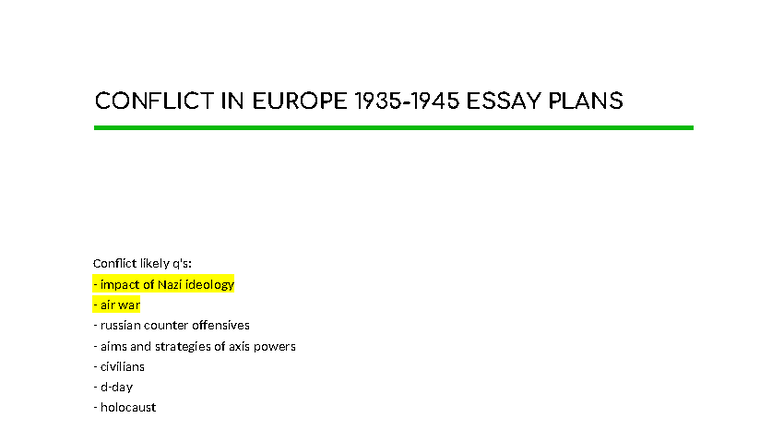 Conflict in Europe (HIST 101) Essay Plans: Causes & Strategies - Studocu