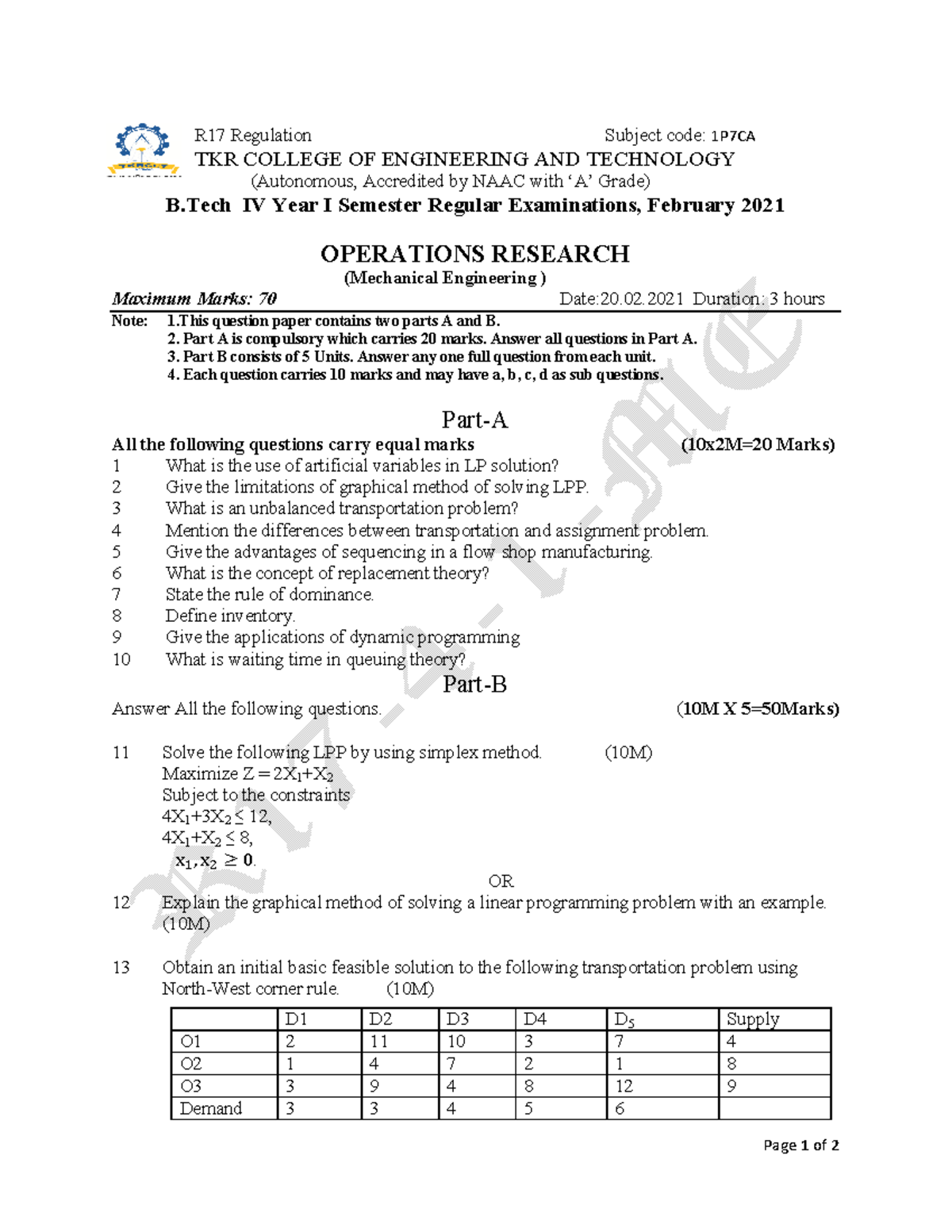IV-I-Reg- Operations Research - Page 1 of 2 R17 Regulation Subject code ...