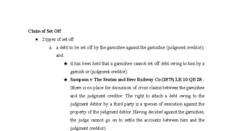 Procedure - NOTES CLAIM OF SET OFF - Claim of Set Off 2 types of set ...