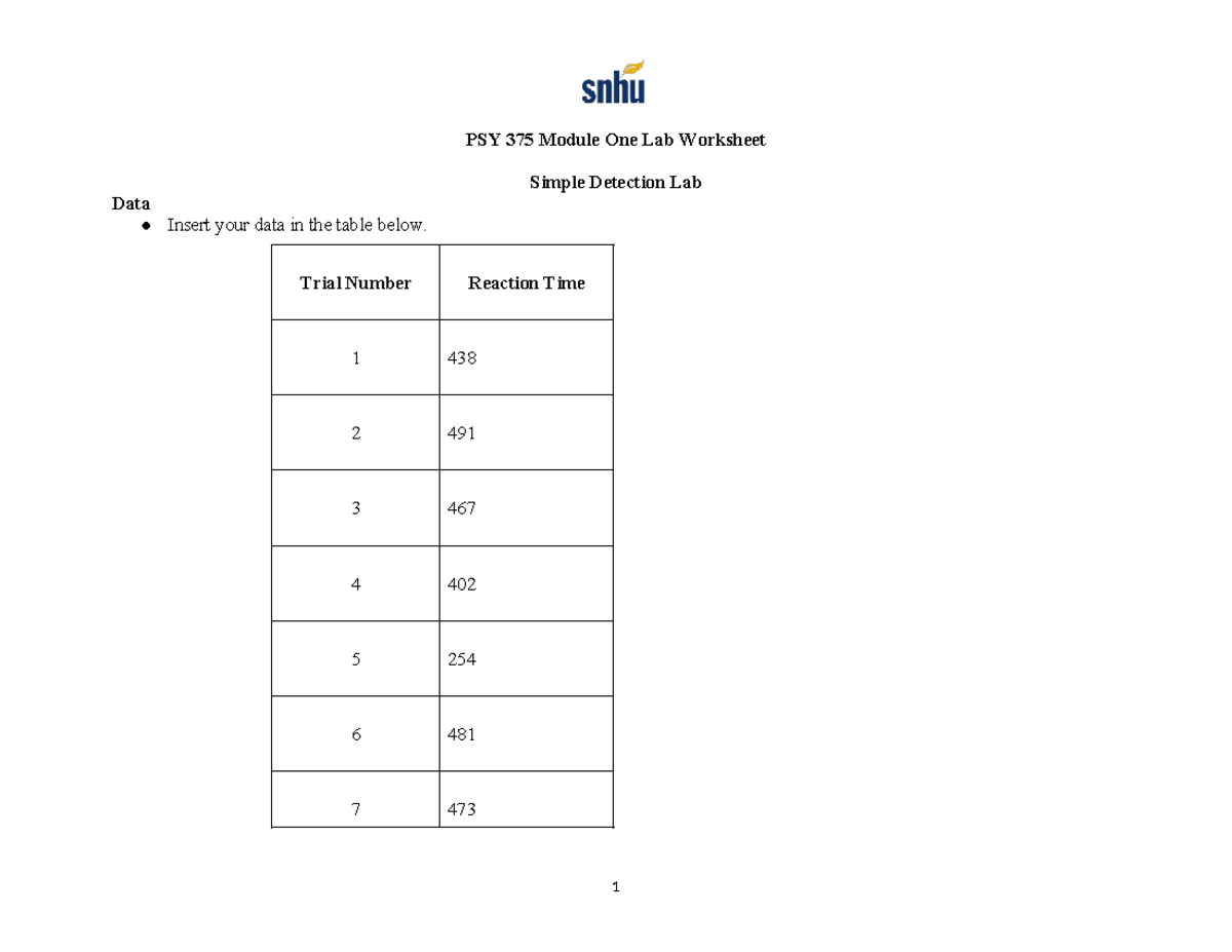 PSY 375 Simple Detection Lab Worksheet and Data Analysis - Studocu