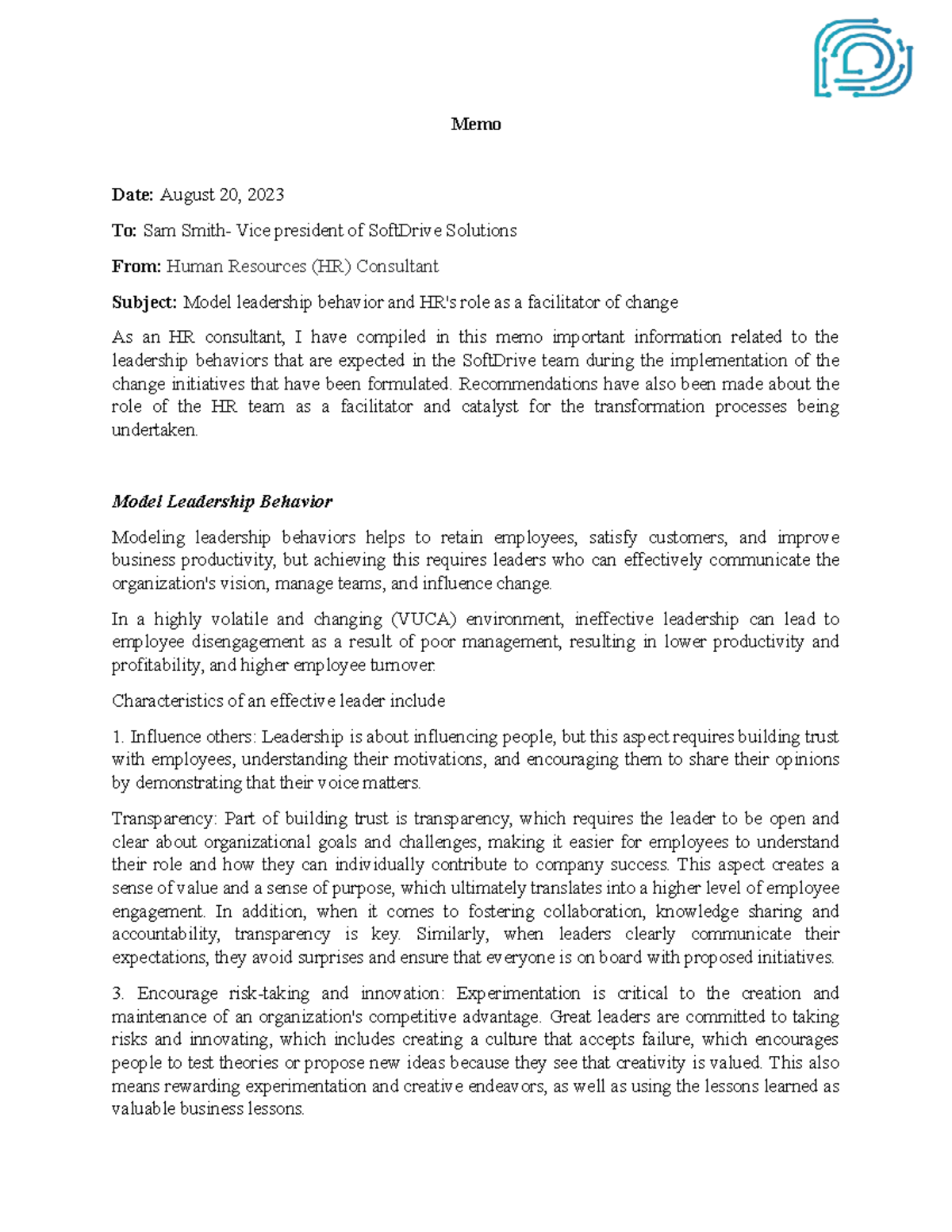 7-1 Leadership Behavior Memo: HR's Role in Change Facilitation - Studocu