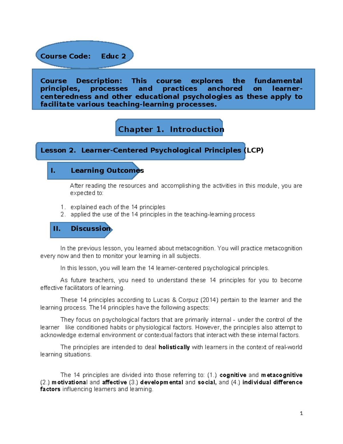 Educ 2: Module 2 - Facilitating Learner-Centered Teaching Principles - Studocu