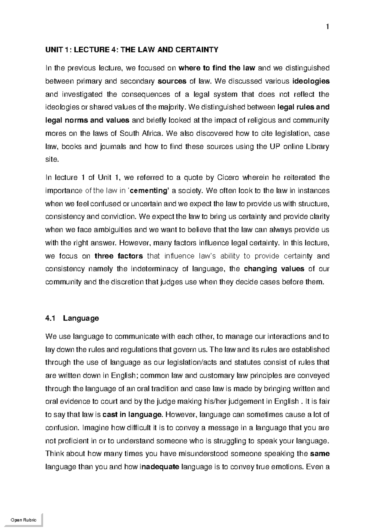 Lecture 4: Understanding the Law, Certainty & Judicial Discretion - Studocu