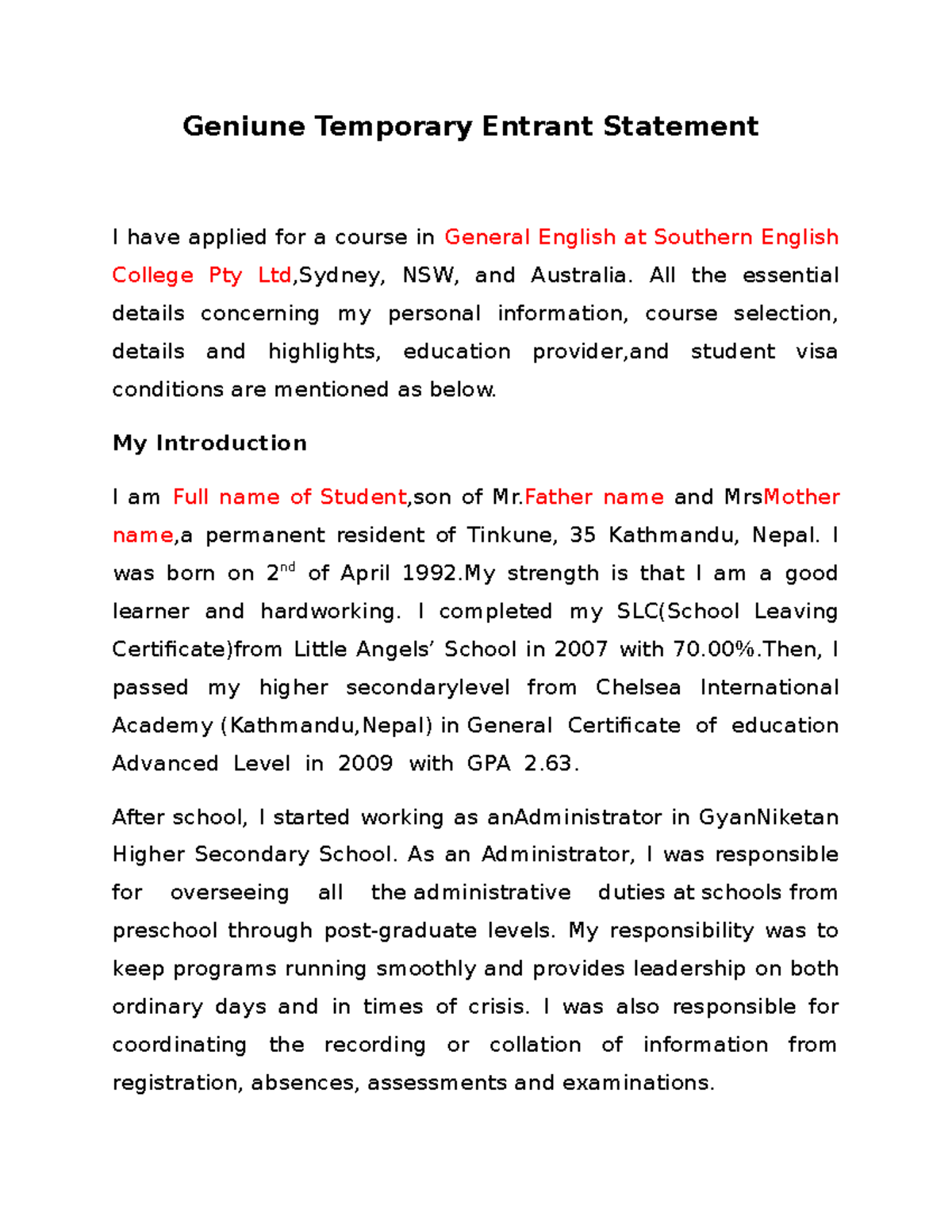 Sample-GTE -for Student Visa applying on Australia - Geniune Temporary ...