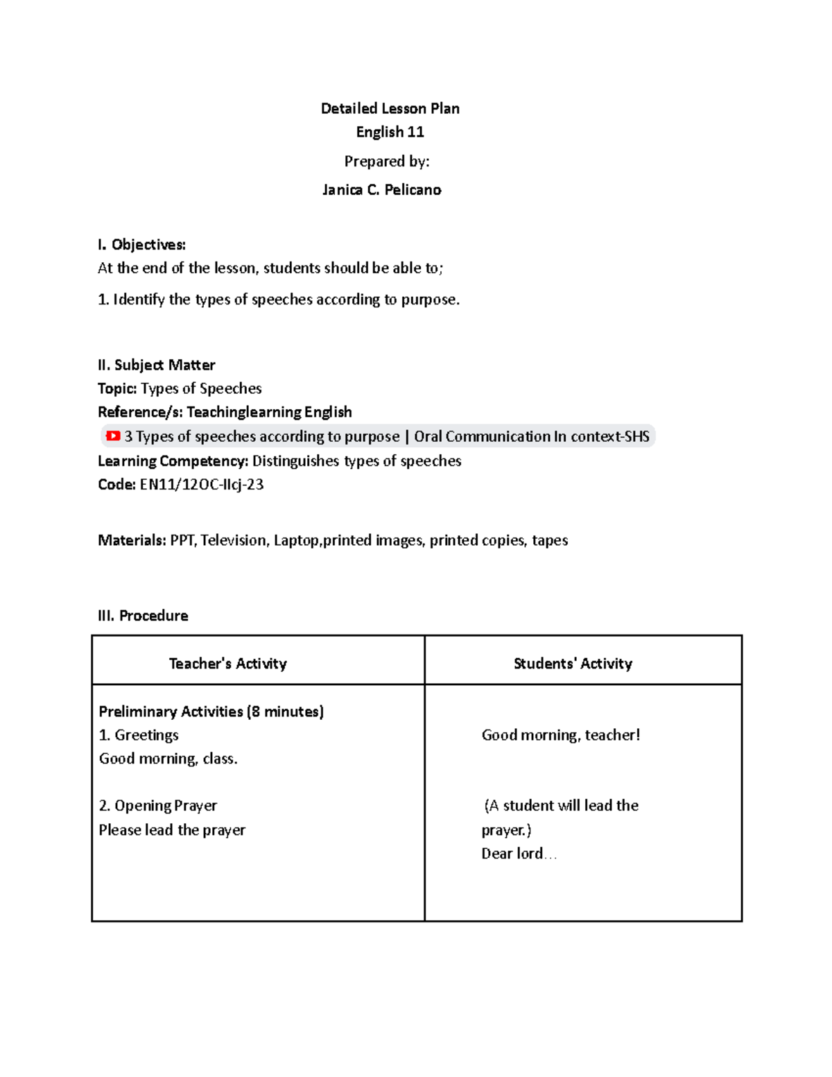 Q2-M3-Day3 Detailed Lesson Plan: Types of Speeches in English 11 - Studocu