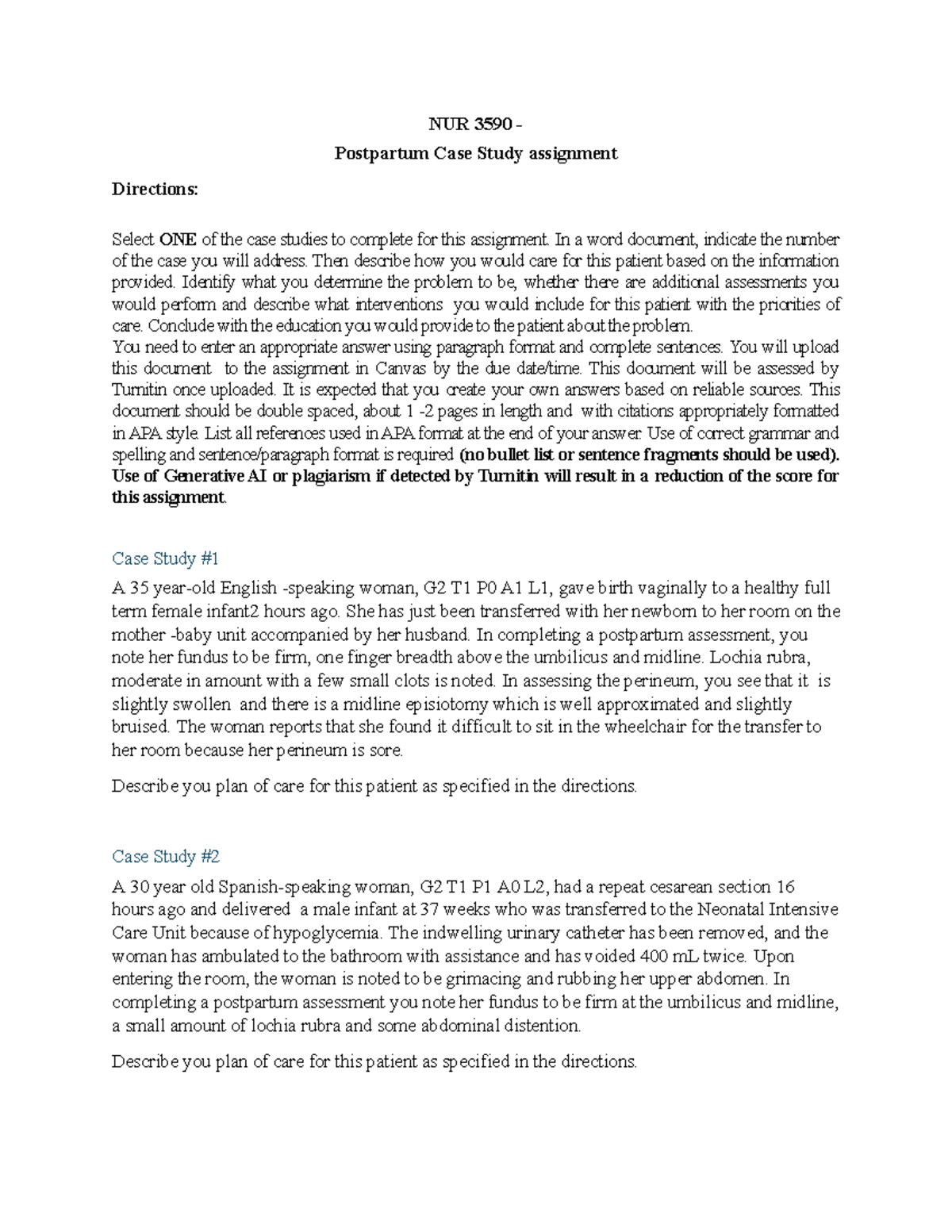 NUR 3590 Postpartum Case Study Assignment Guidelines - Studocu
