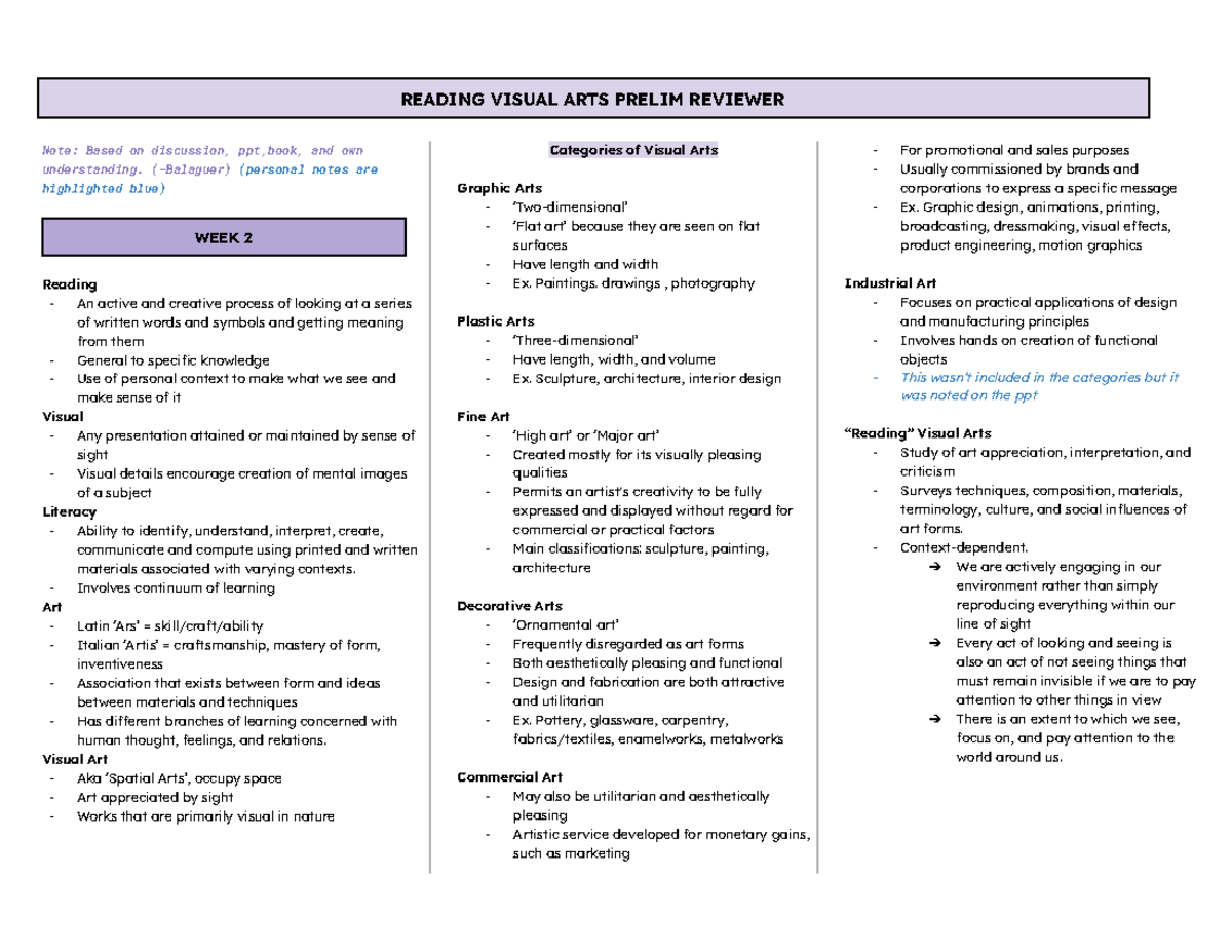 RVA 101: Visual Arts Prelim Reviewer - Comprehensive Study Notes - Studocu