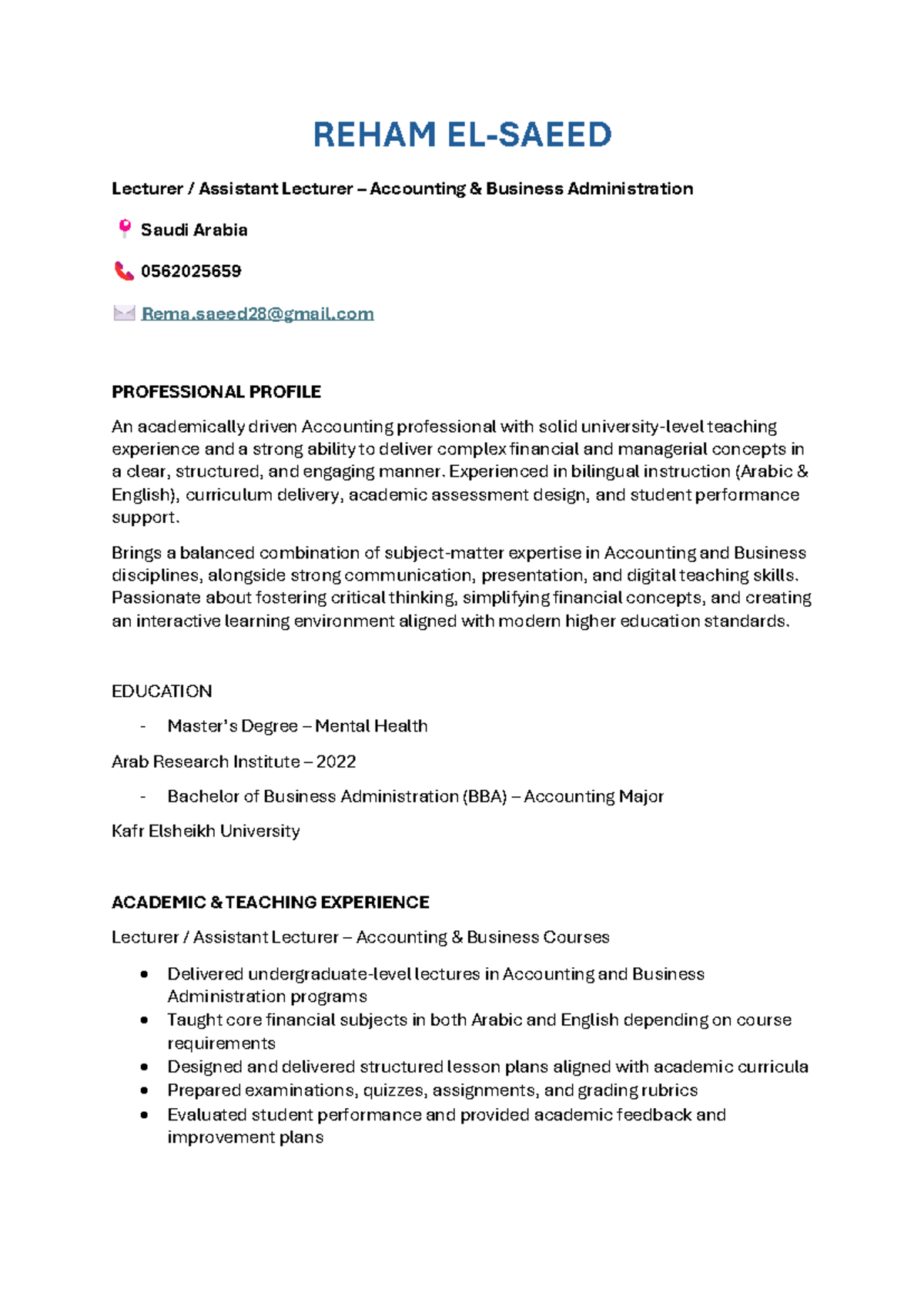 Professional Profile: Lecturer Assistant in Accounting & Business Admin ...