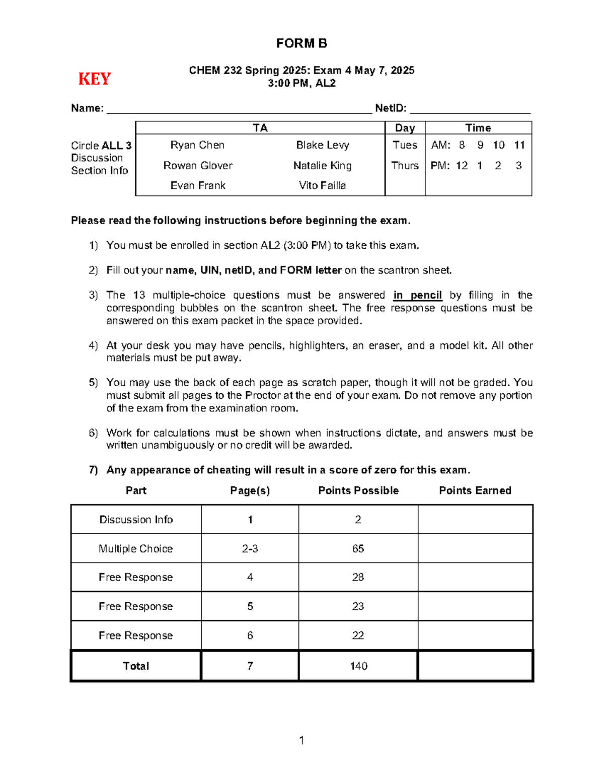 Exam 4 Key: CHEM 232 Spring 2025 - Form B - Studocu