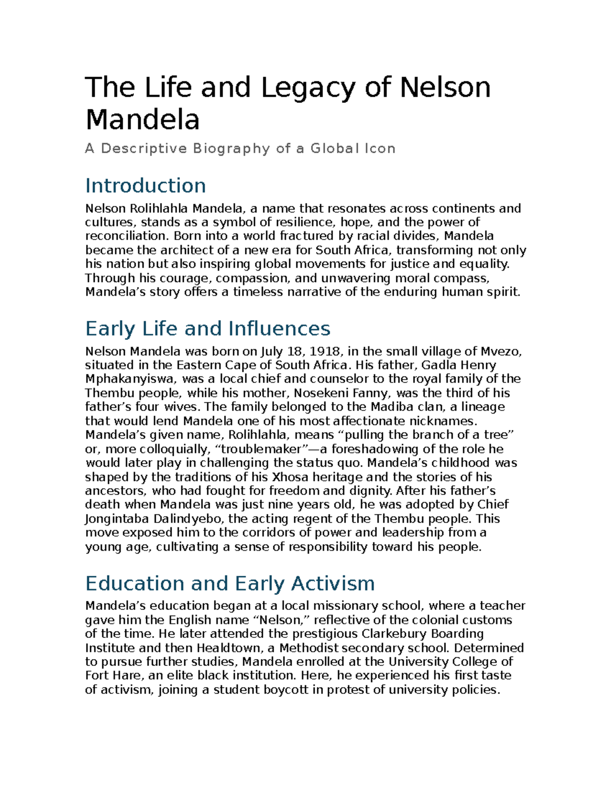 The Life and Legacy of Nelson Mandela: A Comprehensive Biography - Studocu