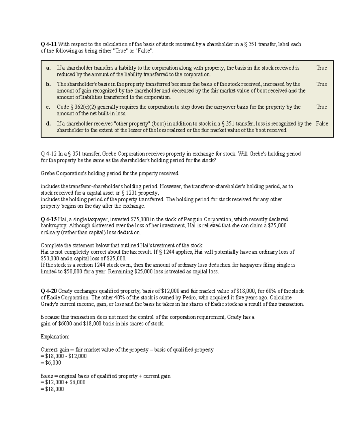 Chapter 4: Exam Practice Questions on § 351 Transfers and Gains - Studocu