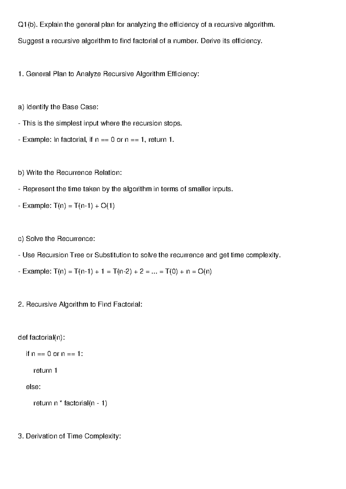 Q1(b) - Analyzing Recursive Algorithm Efficiency & Factorial Algorithm - Studocu
