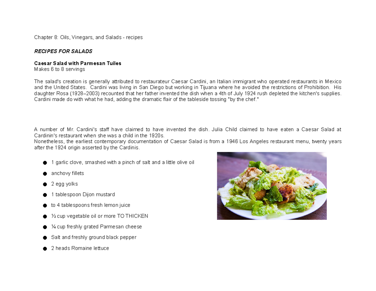 Chapter 8 Lecture Notes: Oils, Vinegars, and Salad Recipes - Studocu