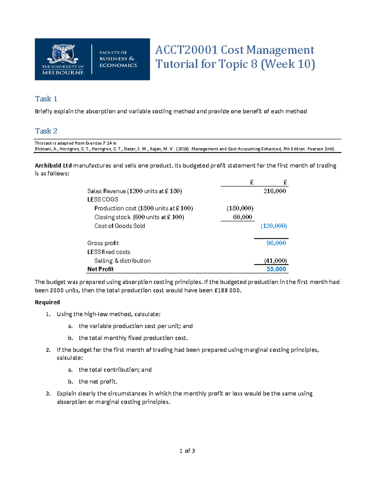 CM2025s1 Cost Management Tutorial: Absorption vs. Variable Costing Methods - Studocu