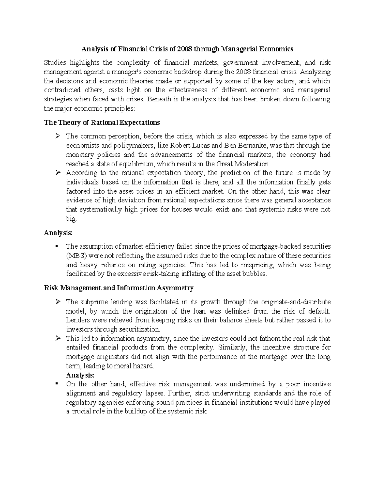 Managerial Economics Analysis of the 2008 Financial Crisis - Case 1 ...