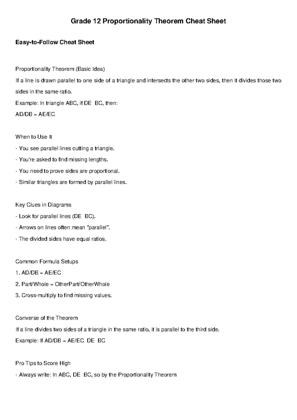 Grade 12 Proportionality Theorem Cheat Sheet for Easy Reference - Studocu