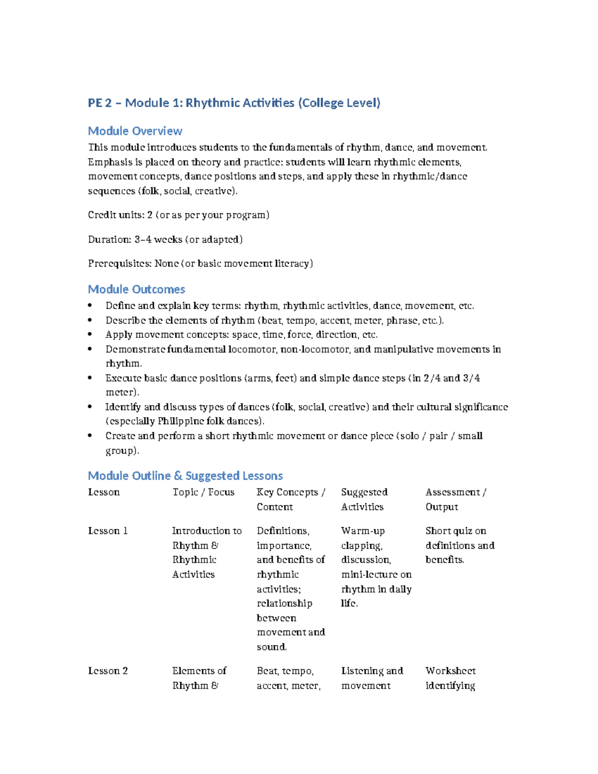PE2 Module 1: Overview of Rhythmic Activities and Dance - Studocu