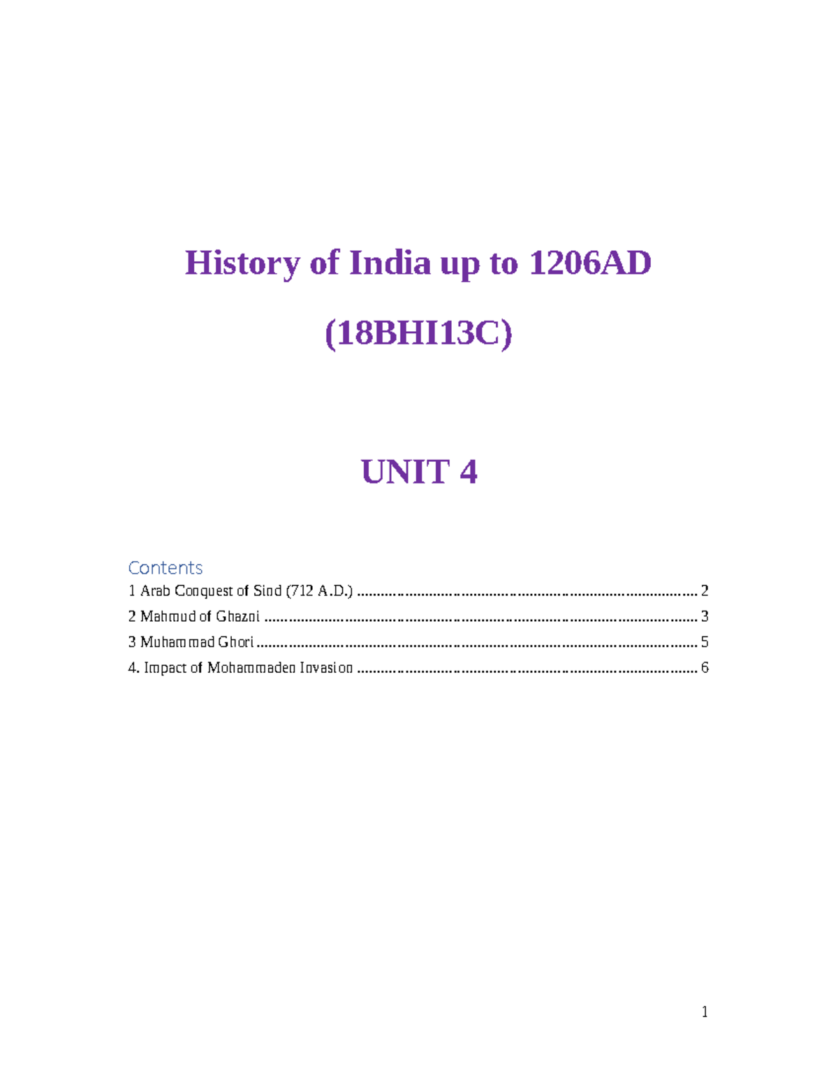 History of India up to 1206AD (18BHI13C) - Unit 4 Notes - Studocu
