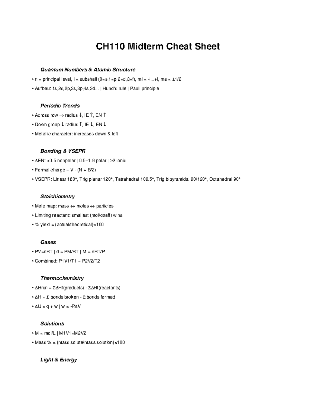 CH110 Midterm Cheat Sheet: Quantum Numbers & Atomic Structure - Studocu