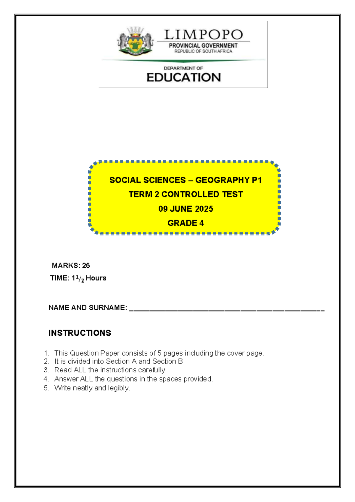Grade 4 Social Sciences Geography P1 Term 2 Controlled Test 2025 - Studocu