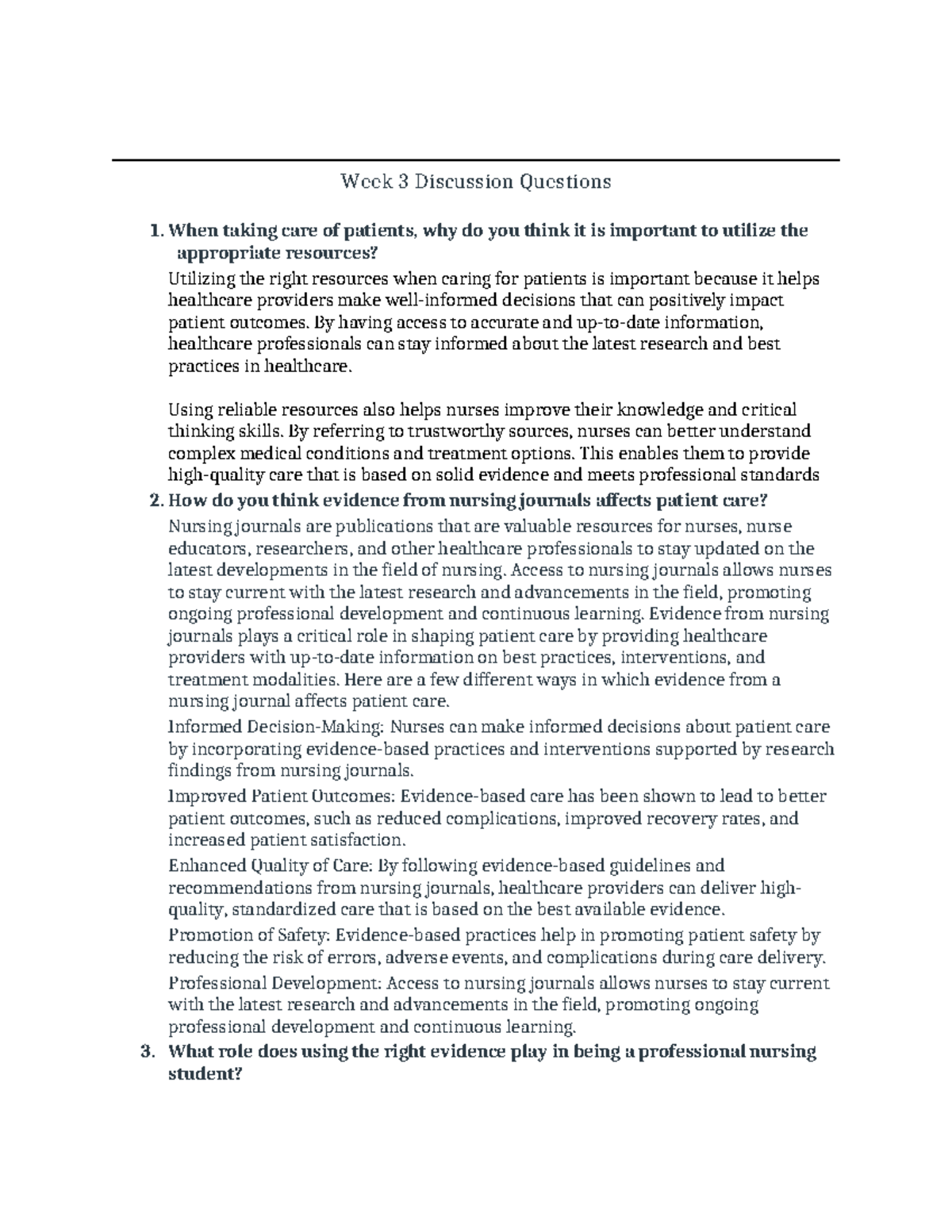 NUR103 - Week 3 Discussion Questions and Answers on Nursing Resources ...