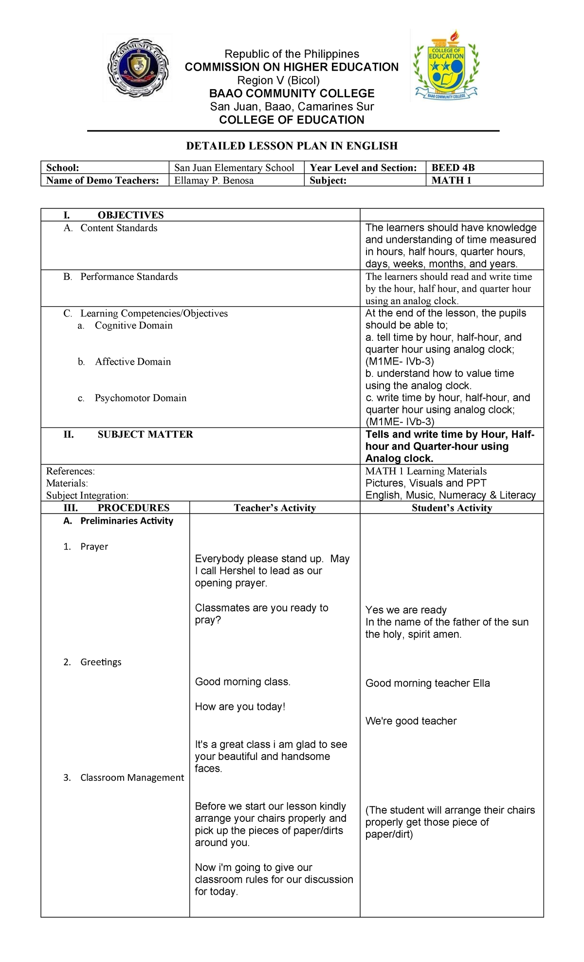 Final DLP IN DEMO: Detailed Lesson Plan for MATH 1 - Studocu