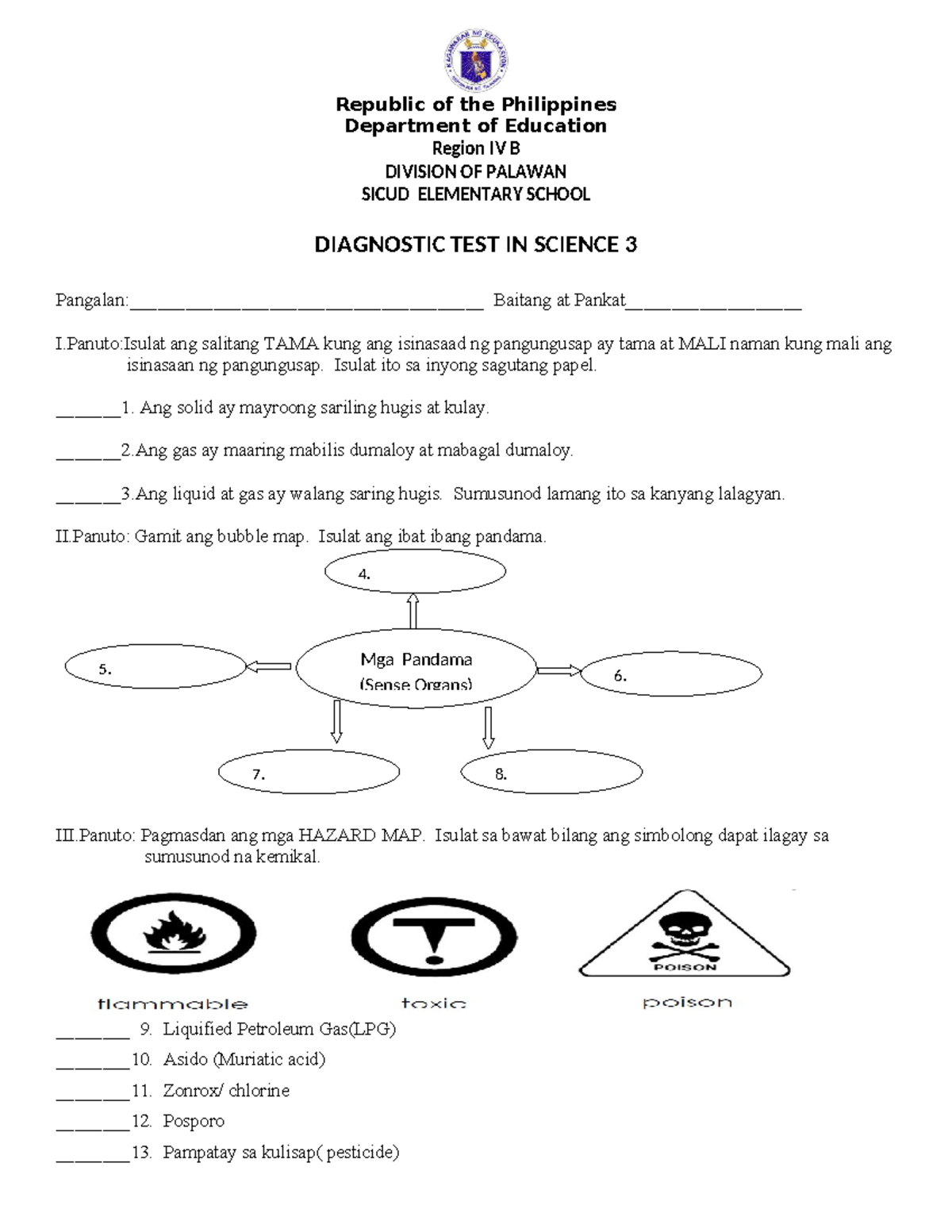Diagnostic Test in Science 3 - Republic of the Philippines - Studocu