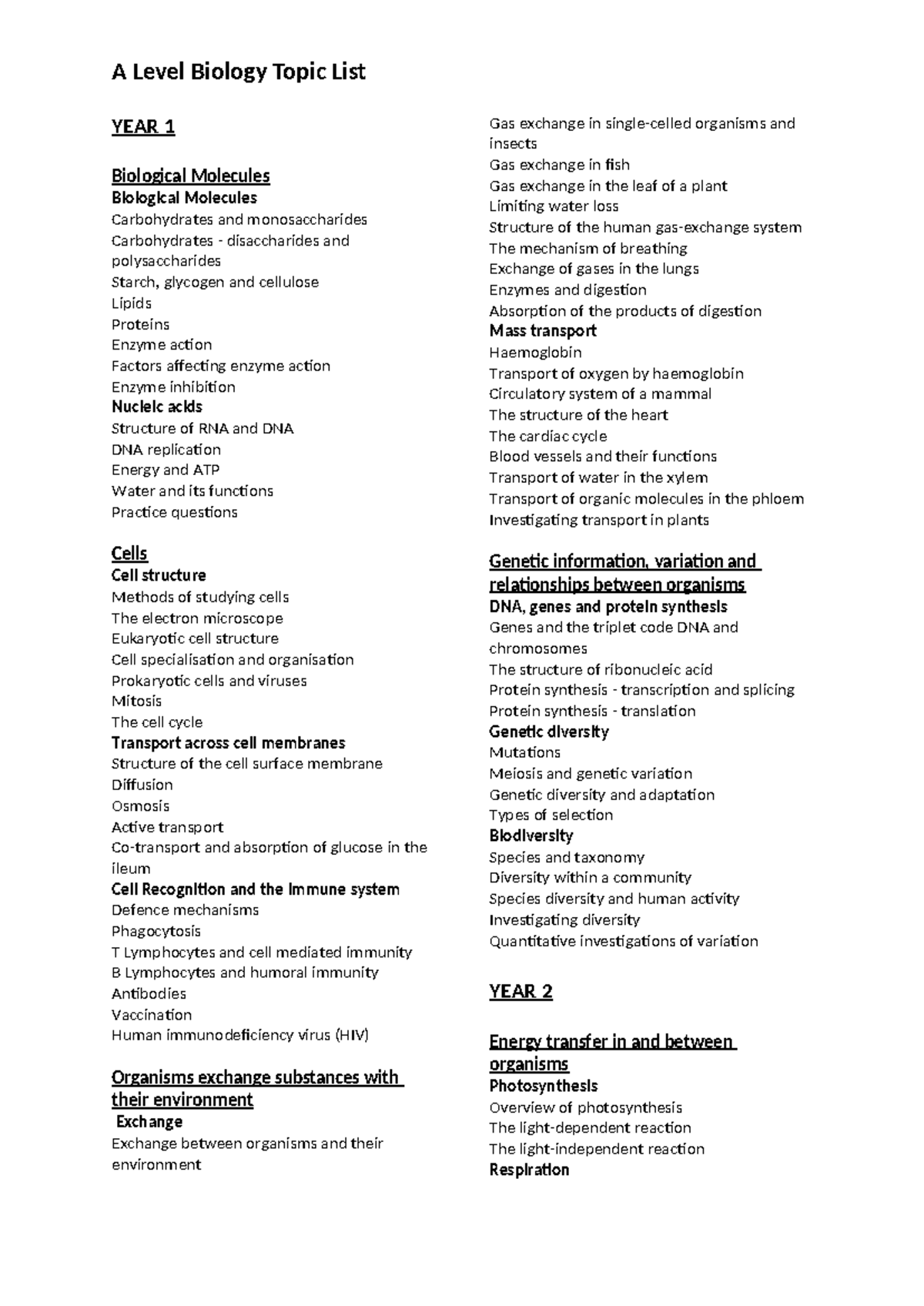 A Level Biology Topic List for Years 1 and 2 Comprehensive Overview ...